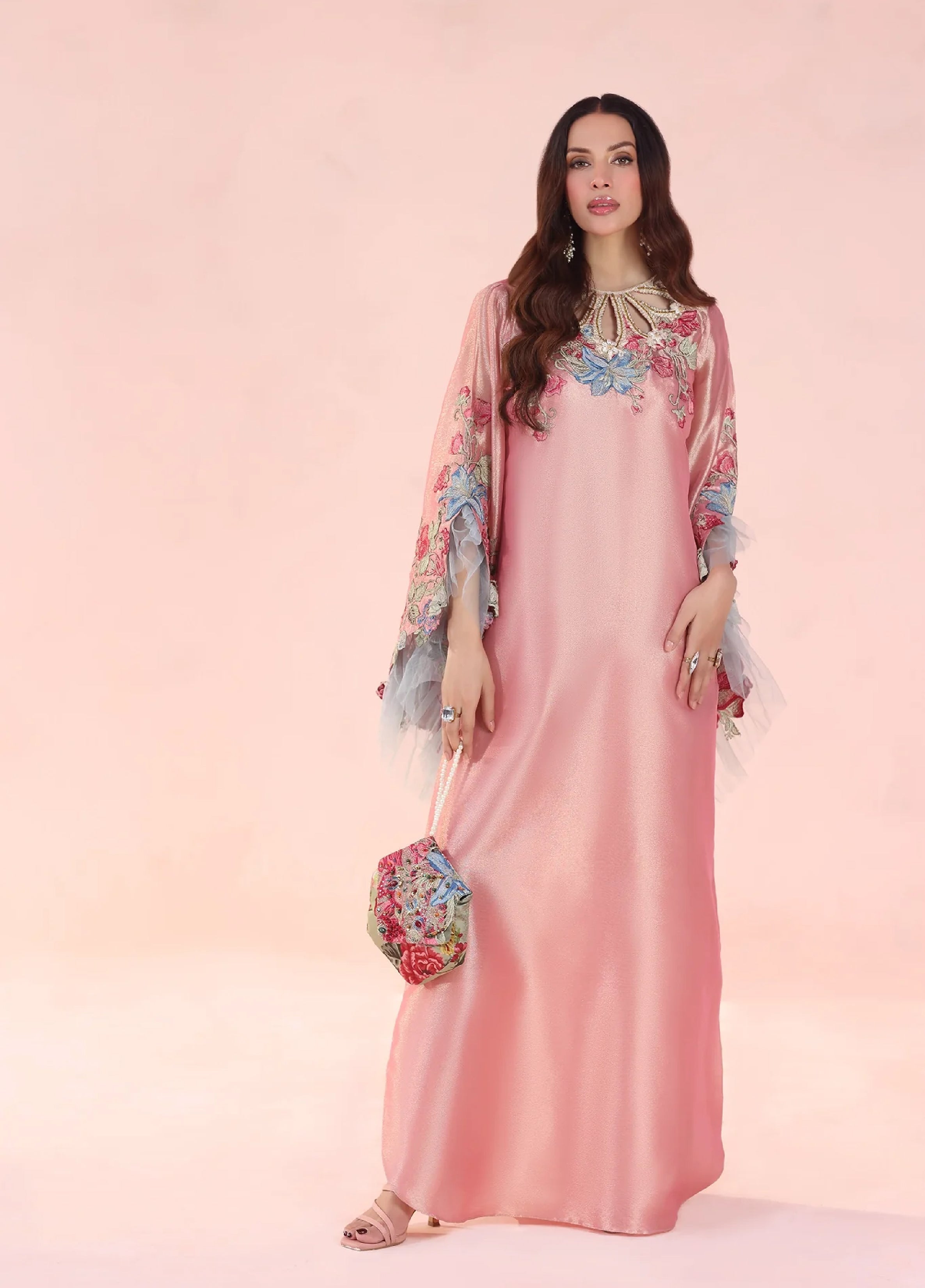 Eterna by Musferah Saad Pret Embroidered Tissue Kaftaan Moonlit Blush ...