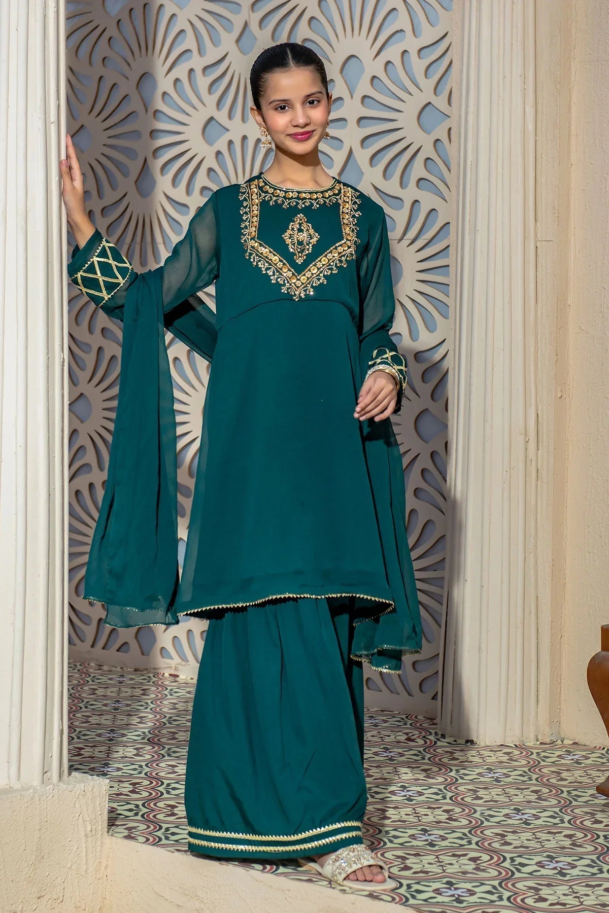 Ochre RTW Embroidered Girls 3 Piece Chiffon Hand Adda Work AC-68 - Sum ...