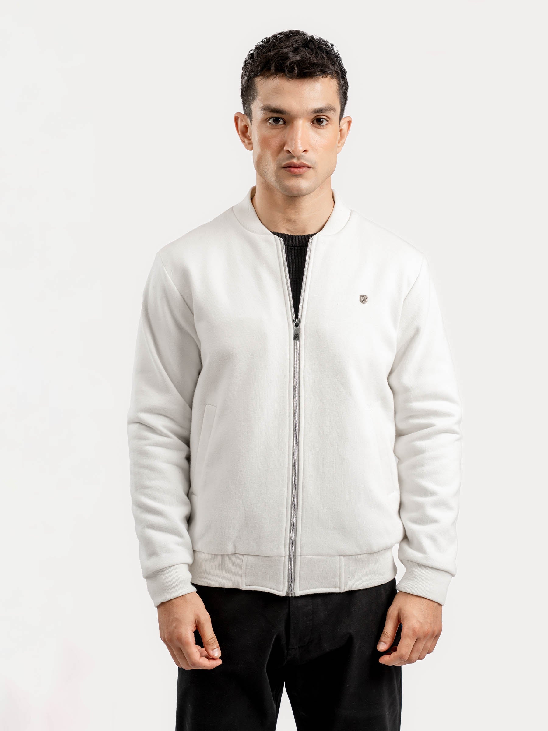 Brumano Pret Solids Polyester 1 Piece Vanilla Knitted Bomber Jacket ...