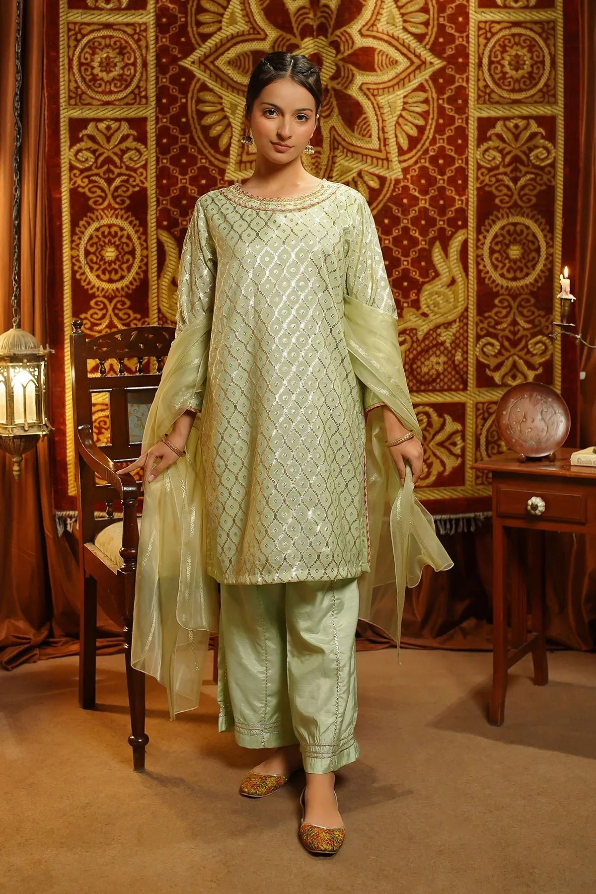 Ochre Girls Pret Embroidered Viscose Jacquard Hand Adda Work 3 Piece S ...